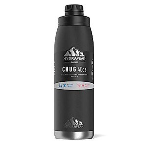 Hydrapeak 40 oz Insulated Water Bottle with Chug Lid - Leak Proof and Spill Proof Double Walled Vacuum Insulated Stainless Steel Water Bottles, Cold for 24 Hours | Hot for 12 Hours (Black)