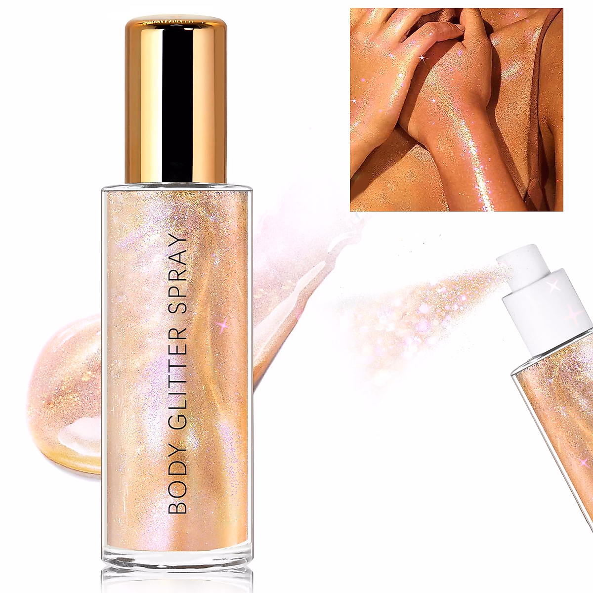 HOSAILY Body Glitter Spray, Moisturizing Bronze Body Shimmer Luminizer Glow Illuminator Quick-Drying and Non-Sticky Glitter Spray Liquid Highlighter Spray for Face Hair Body Glitter, 60ML -Rose Gold