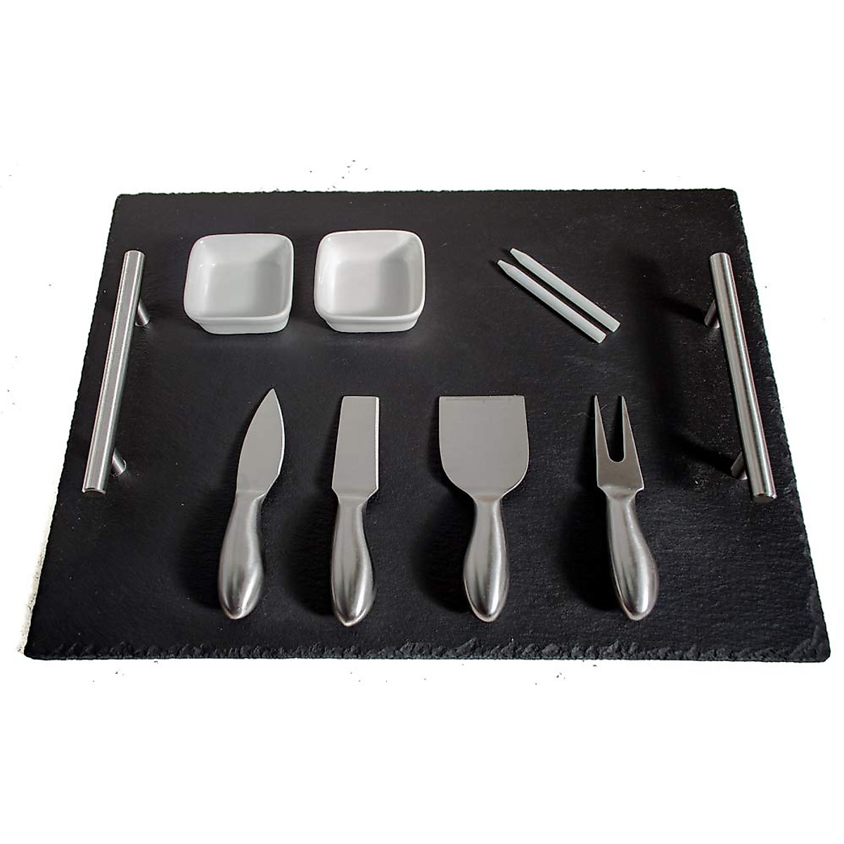 Slate Cheese Board Set with Handles | 9 pcs - 12" x 16" Serving Tray, Stainless Steel Cheese Knife Set with Ceramic Bowls + Soapstone Chalk