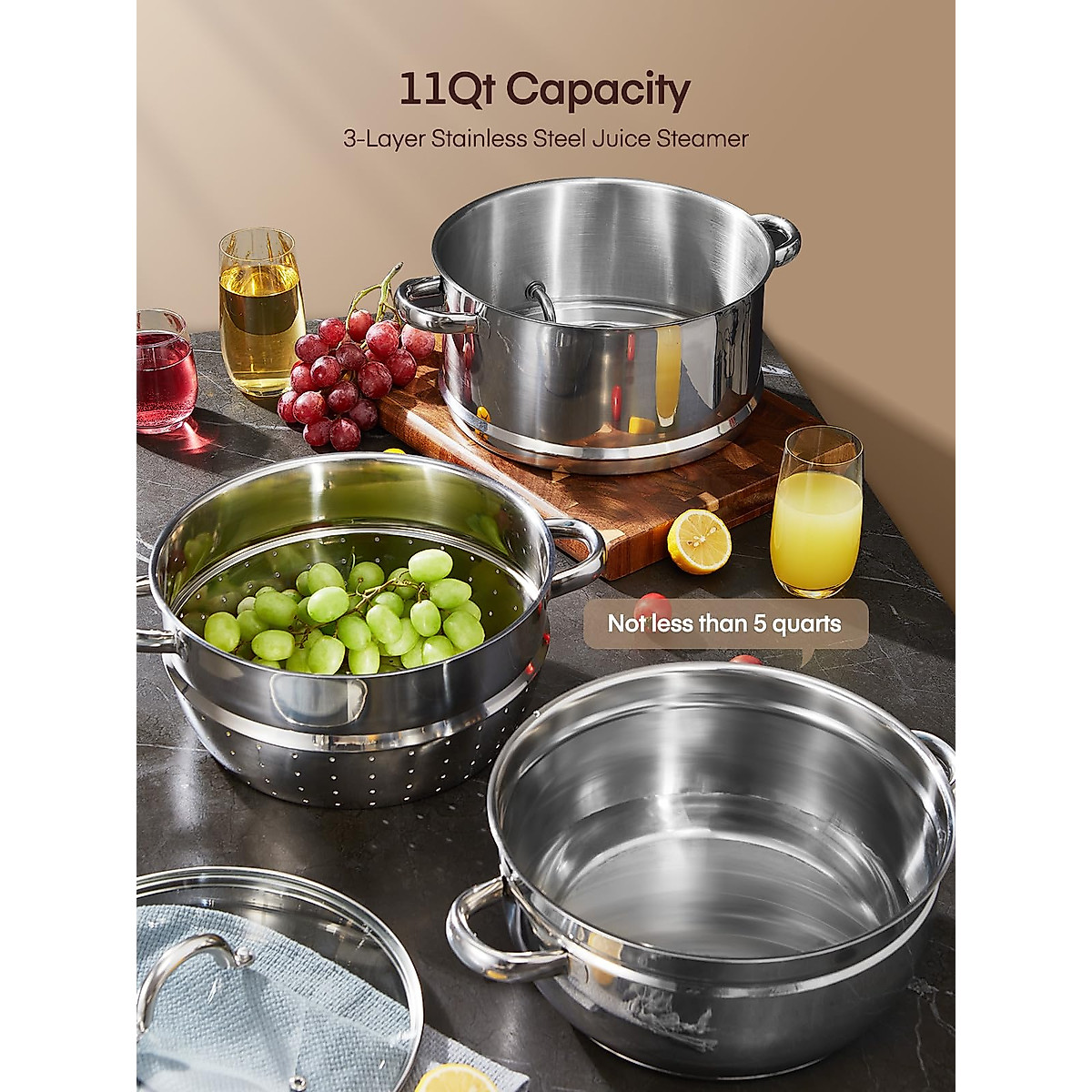 FOHERE 11Qt Steam Juicer Extractor for Canning, Juice Steamer Stainless Steel for Fruit & Vegetables with Glass Lid, Hose, Clamp, Loop Handles, Multipots Cookware for Making Juice, Jelly, Sauces