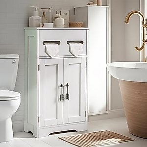 VECELO Mega Toilet Paper Holder Bathroom Organizer of Rolls, Waterproof, Large Capacity Reserve Area, Trapdoor Lid, D 8.66 × W 17.72 × H 31.5 Inch, White