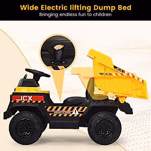 Costzon Ride on Car, 12V Ride on Dump Truck w/Remote Control, Electric Dump Bed, Music, Horn, USB, AUX, Treaded Tires, Shovel, 3 Speeds, Battery Powered Construction Vehicle, Electric Car for Kids