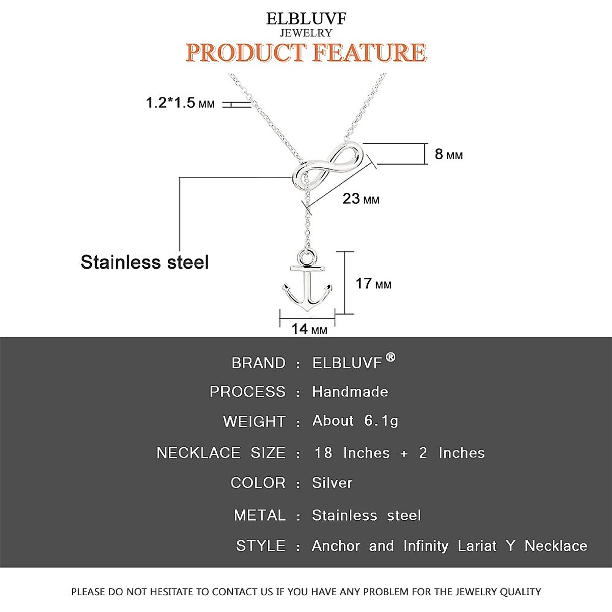 ELBLUVF Newest Stainless steel Anchor Infinity Y Shaped Lariat Style Necklace 18inch For Women (White gold color)