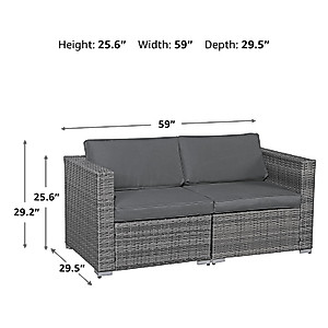 Patiorama Outdoor Wicker Loveseat 2 Pieces, All Weather Grey PE Rattan Sectional Corner Sofa Set, Additional Extra Chairs for Outdoor Sectional Sofa Set, Dark Grey Cushion