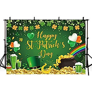 Happy St.Patrick's Day Backdrop 7x5FT Green Lucky Irish Shamrock Pot of Gold Coins Photography Background Holiday Party Supplies Newborn Kids Adults Portraits Photo Booth Props (84x60 inch)