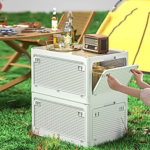 GILKES Foldable Camping Box with Wood Lid, Plastic Suitcase Storage Box Container with Wheels, Car Storage Bin with Handles, Folding&Stackable Storage Crate For Home, Office, Car, Picnic, Camping