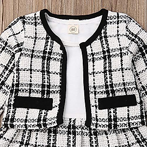Emmababy 2Pcs Baby Girl Princess Dress Outfit Autumn Winter Warm Clothes Plaid Coat Tops Patchwork O-Neck Tutu Dress Skirt (Black White, 1-2 Years)