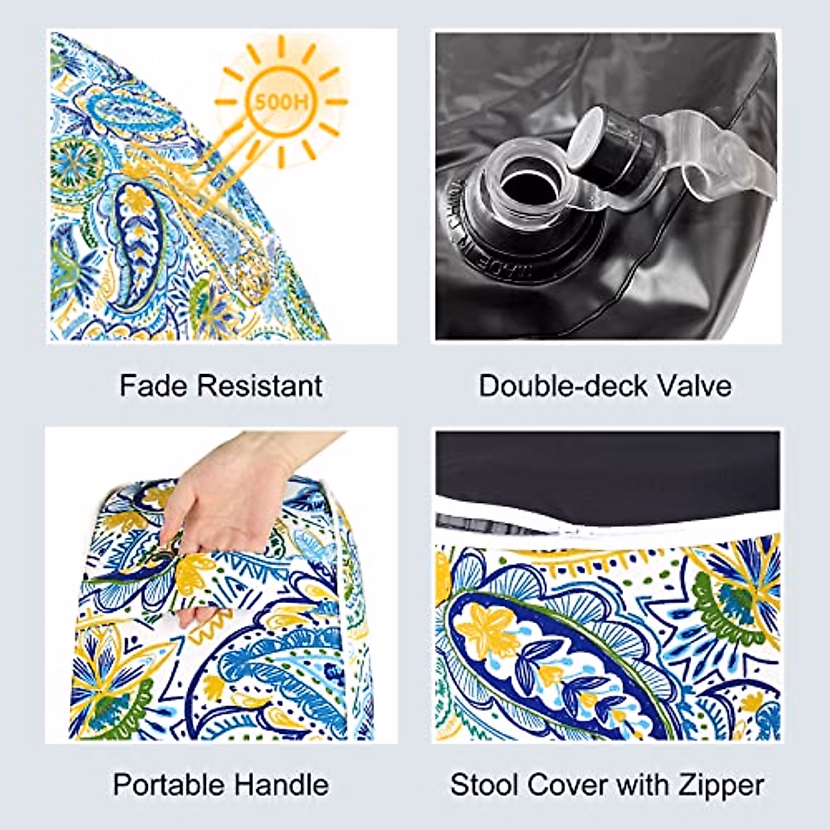 LVTXIII Indoor/Outdoor Inflatable Ottoman, All Weather Round Footrest Stool D21”x H9”, Portable for Patio Garden Camping or Home-Paisley Blue