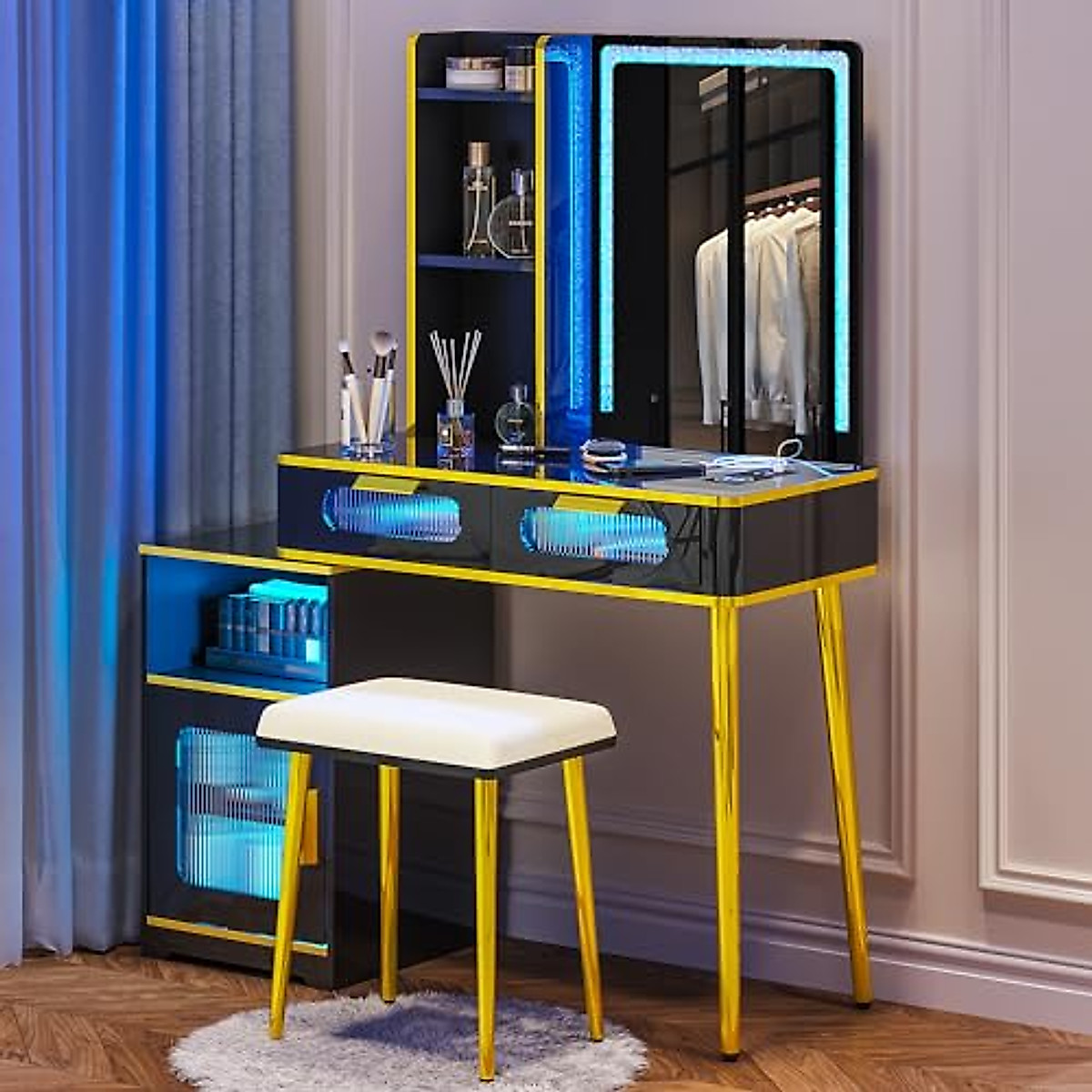 HNEBC Vanity Desk with Mirror and Lights,White Vanity Set with USB&Type-C&Wireless Charging,Makeup Vanity with Drawers/Stool, Voice Control Switch Vanity Makeup Desk for Bedroom&Dressing Room,Black