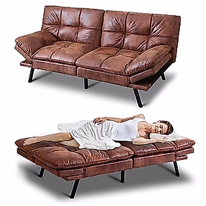 Fangflower Futon Sofa Bed, Faux Leather Memory Foam Couch, Foldable Convertible Sleeper Loveseat, Daybed for Living Room, Brown