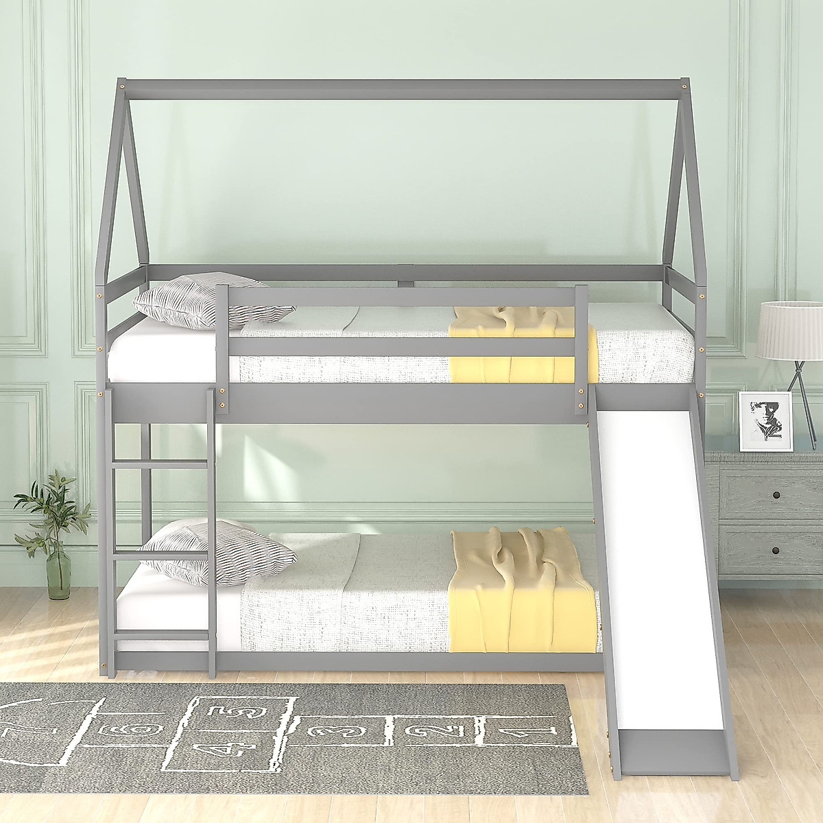 Harper & Bright Designs Twin Bunk Beds for Kids,Wood House Bunk Bed Twin Over Twin,Kids Bunk Bed with Slide and Roof for Girls Boys,Grey