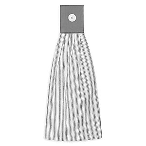 Cackleberry Home Alloy Gray and White Ticking Stripe Hanging Kitchen Dish Hand Towel Cotton with Button Accent, Set of 2