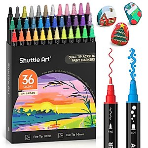 Shuttle Art 36 Colors Dual Tip Acrylic Paint Markers, Dot Tip and Fine Tip Acrylic Paint Pens for Rock Painting, Ceramic, Wood, Canvas, Plastic, Glass, Stone, Calligraphy, Card Making, DIY Crafts