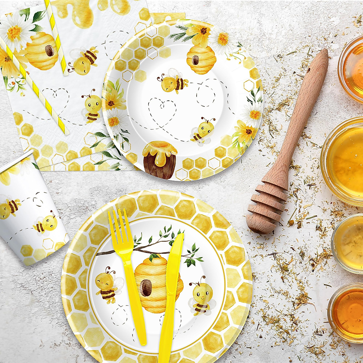 YJRJSC Bee Baby Shower Decorations Paper Plates And Napkins Party Supplies - Bee Birthday Party Decorations Tableware, Plate, Cup, Napkin, Fork, Bumble Theme Bee Day Decorations Dinnerware | Serves 24