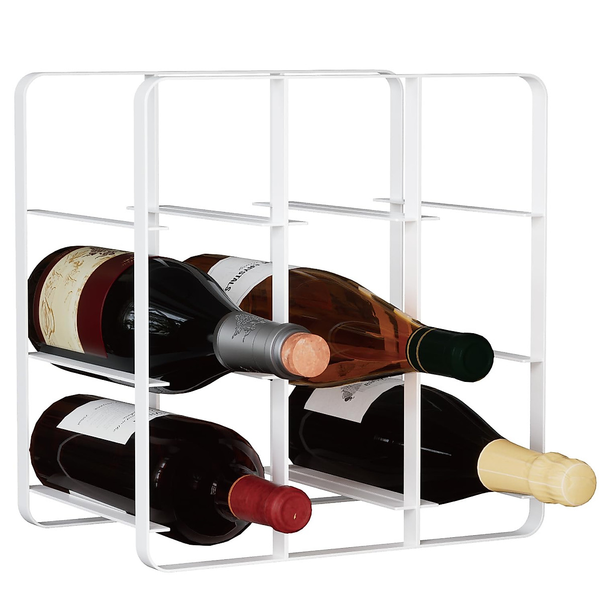 Buruis 9 Bottles Metal Wine Rack, Free-Standing Cabinet Water Bottle and Wine Rack Storage Organizer for Kitchen Countertop, Pantry, Fridge, Space Saver Protector for Red and White Wines Bottle