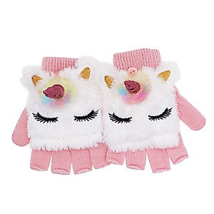Kids Girls Cute Glitter Unicorn Beanie Winter Hat and Glove Set Knitted Earflap Cap Flip Top Mitten Set Beige