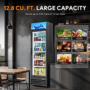 Wilprep One Door Commercial Refrigerator, 12.8 cu. ft. Swing Door Merchandiser Refrigerator with Tempered Glass & LED Lighting, ETL Listed Fog Free Beverage Display Refrigerator for Office Bar Store