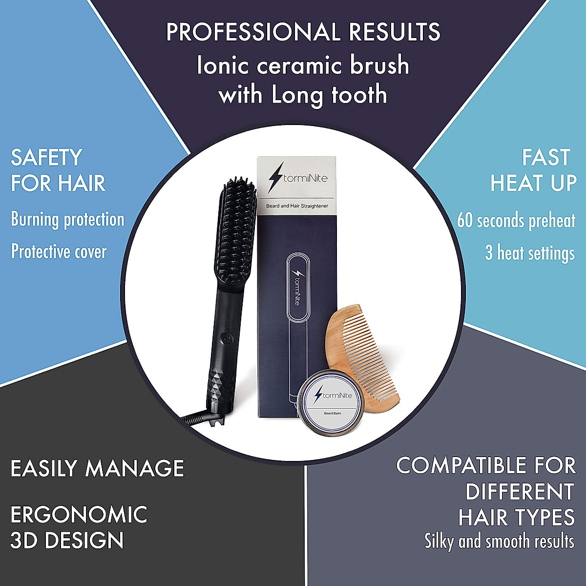 Beard Straightener Brush w/Free Beard Balm & Comb, Premium Hair Straightening Brush Kit, Heated Beard Comb, 3-Heat Settings, Fast Heat Beard Brush for Men - StormiNite