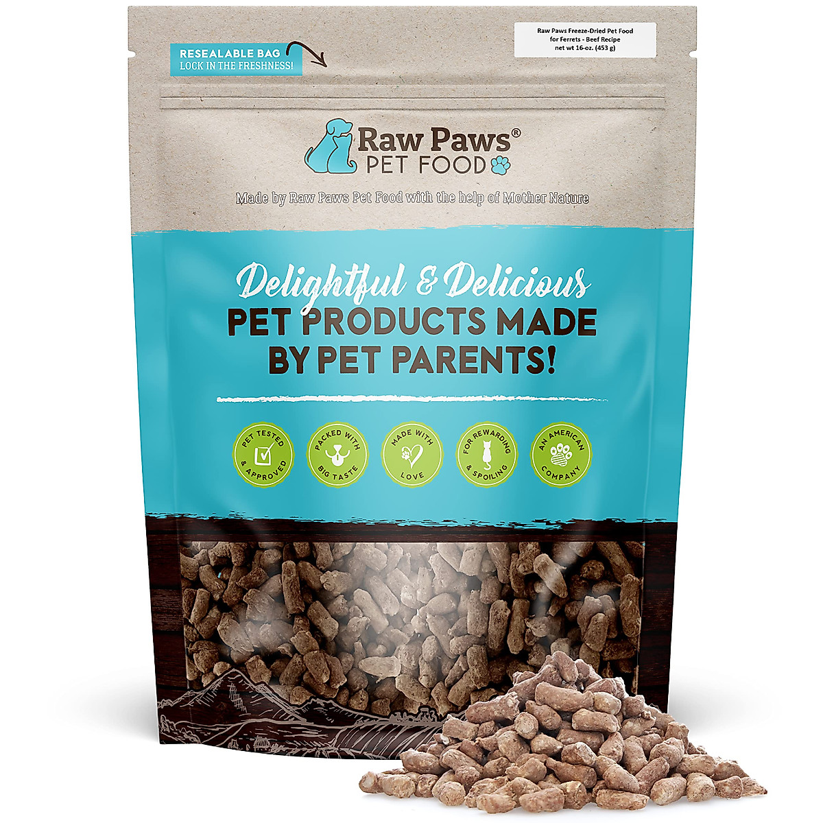 Raw Paws Freeze Dried Raw Ferret Food, Beef 16-oz - Made in USA - Premium, Grain Free Ferret Diet for Small, Adult, Senior & Baby Ferrets - Also use as Natural Ferret Treats for Rewarding & Training