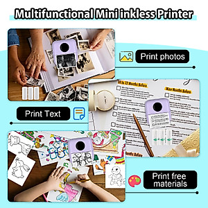 HuiJuKeJi Inkless Sticker Printer Mini Thermal Printer with 10 Rolls Thermal Paper,Color Pen for iOS&Android,Bluetooth Pocket Printer Smart Portable Receipt Printer for Photo Journal Notes Memo-Purple