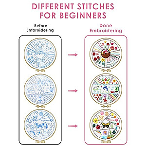 TINDTOP Beginners Embroidery Stitch Practice kit, Embroidery Kit for Beginners Include Embroidery Cloth Hoops Threads for Craft Lover Hand Stitch with Embroidery Skill Techniques (Colorful)