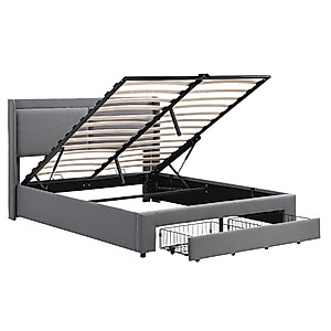 Queen Size Upholstered Platform Bed with Lift Up Hydraulic Storage System, Linen Upholstered Storage Platform Bed Frame with 2 Drawers for Bedrooms Guest Rooms, Sturdy Slats Support (Grey-US)