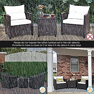 HAPPYGRILL 3 Pieces Patio Conversation Set Outdoor Rattan Wicker Bistro Sofa Set Patio Furniture Set with Washable Chair Cushions and Tempered Glass Top Coffee Table, White