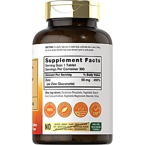 Zinc 50mg | 300 Tablets | Vegetarian, Non-GMO, and Gluten Free Supplement | Zinc Gluconate | High Potency Formula | by Carlyle