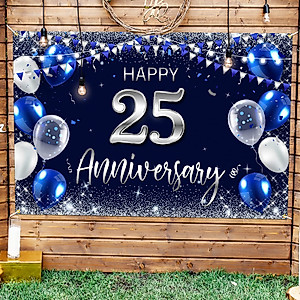 Happy 25th Anniversary Backdrop Banner Decor Navy Blue – Silver Glitter Happy 25 Years Wedding Anniversary Party Theme Decorations for Women Men Supplies