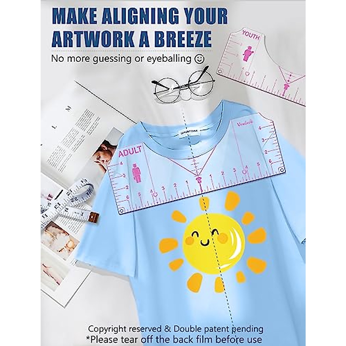 Tshirt Ruler Guide Vinyl Alignment Tool - Sublimation Accessories, T Shirt rulers to Center Designs, Transparent V-Neck/Round PVC Ruler for Adult Youth Toddler Infant 2XL-6XL