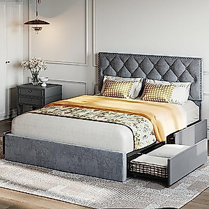 LIKIMIO Queen Bed Frame with Storage Drawers, Upholstered Platform Bed with Headboard - Sturdy Structure for a Comfortable & Noiseless Sleeping Space