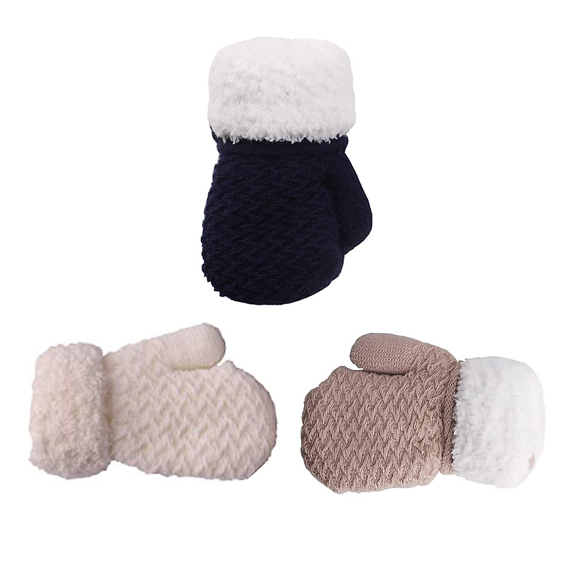 kimmyku 3 Pairs Toddler Baby Boy Warm Winter Mittens Gloves With Thicken Fleece LIned White Blue Khaki 0-24 months