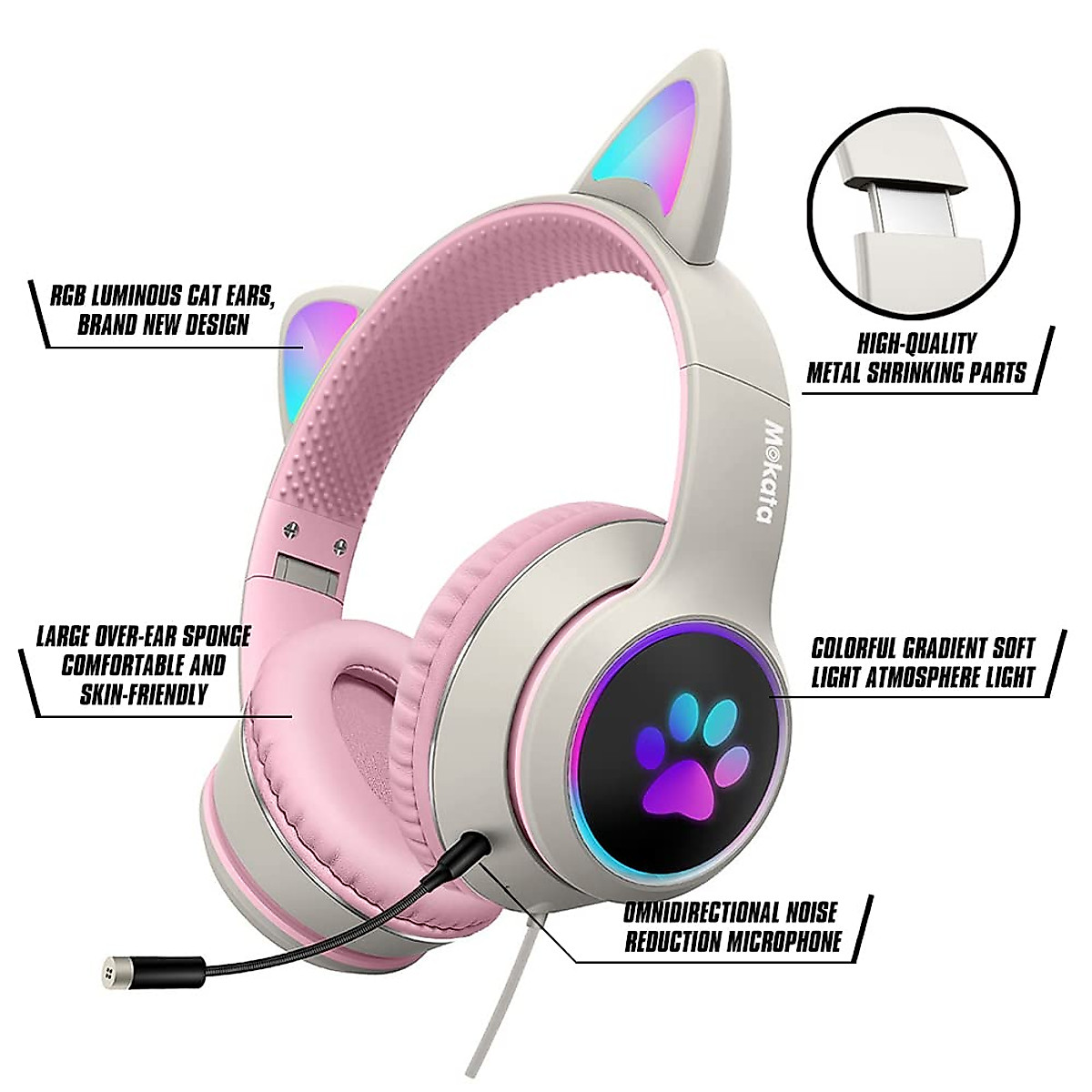 Mokata Gaming Headphone Wired USB Connect 7.1 Surround Stereo Over Ear Cat LED Light Fit Adult & Kid Foldable Headset with Mic for PC PS4 PS5 Game Laptop Pad H03 Cyan Beige White