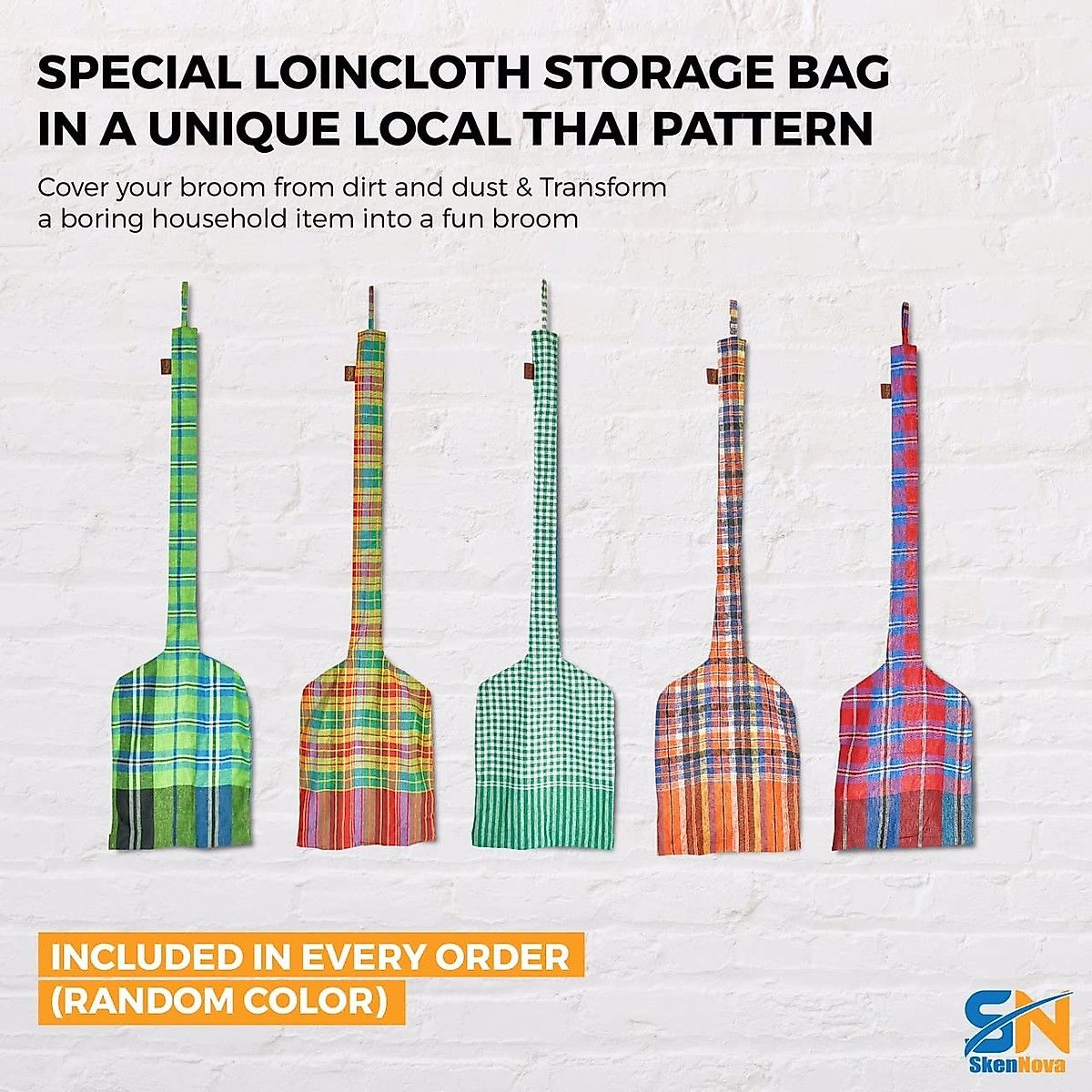 SN SKENNOVA Handmade Bamboo Grass Broom with Synthetic Rattan Binding - Tall 17" W x 40" H