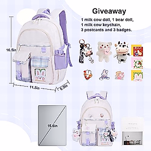 Mcaldume Cute Backpacks for Girls, Kawaii Backpack Aesthetic Backpack for Teen Girls, Cute Bookbag for Kids Elementary School Beige