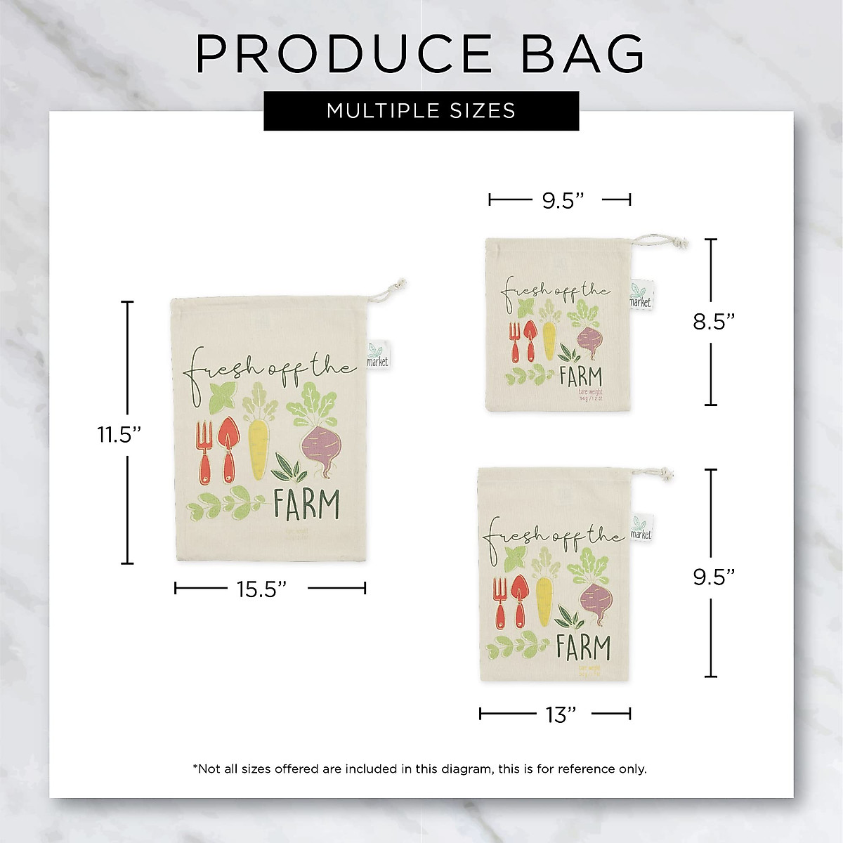 DII Farmer's Market Collection Machine Washable, Reusable Kitchen, Fabric Produce Bag Set, Fresh Veggie Print, 3 Piece