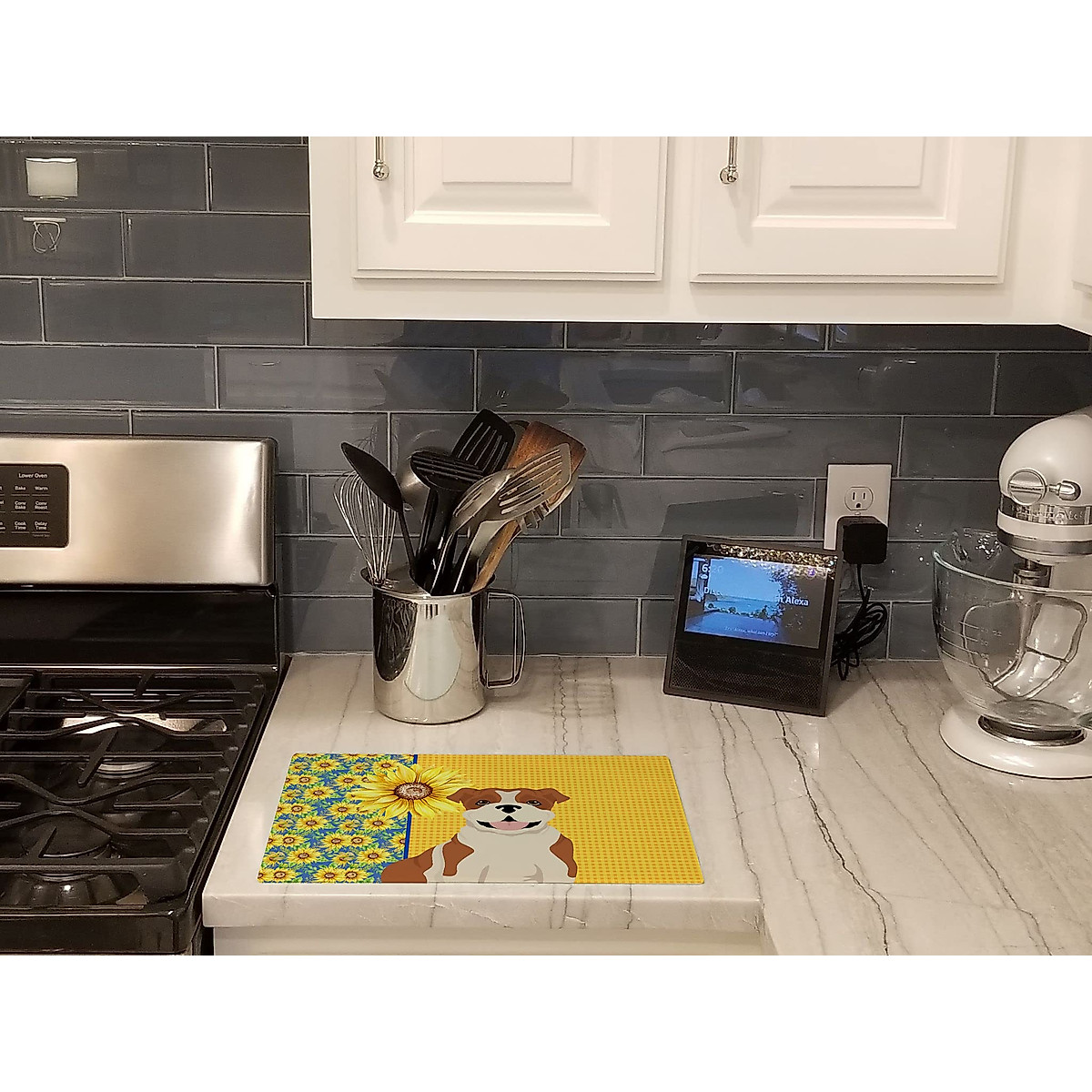 Caroline's Treasures WDK5415LCB Summer Sunflowers Red English Bulldog Glass Cutting Board Large Decorative Tempered Glass Kitchen Cutting and Serving Board Large Size Chopping Board