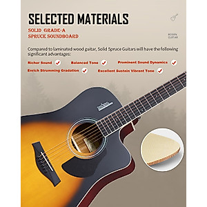 Rosen Solid Top Dreadnought Acoustic Guitar 41 Inches Spruce Guitar Beginner Bundle with Book, Padded Bag, Strings, Picks, Hexwrench, Strap, Polishing Cloth, Sunburst