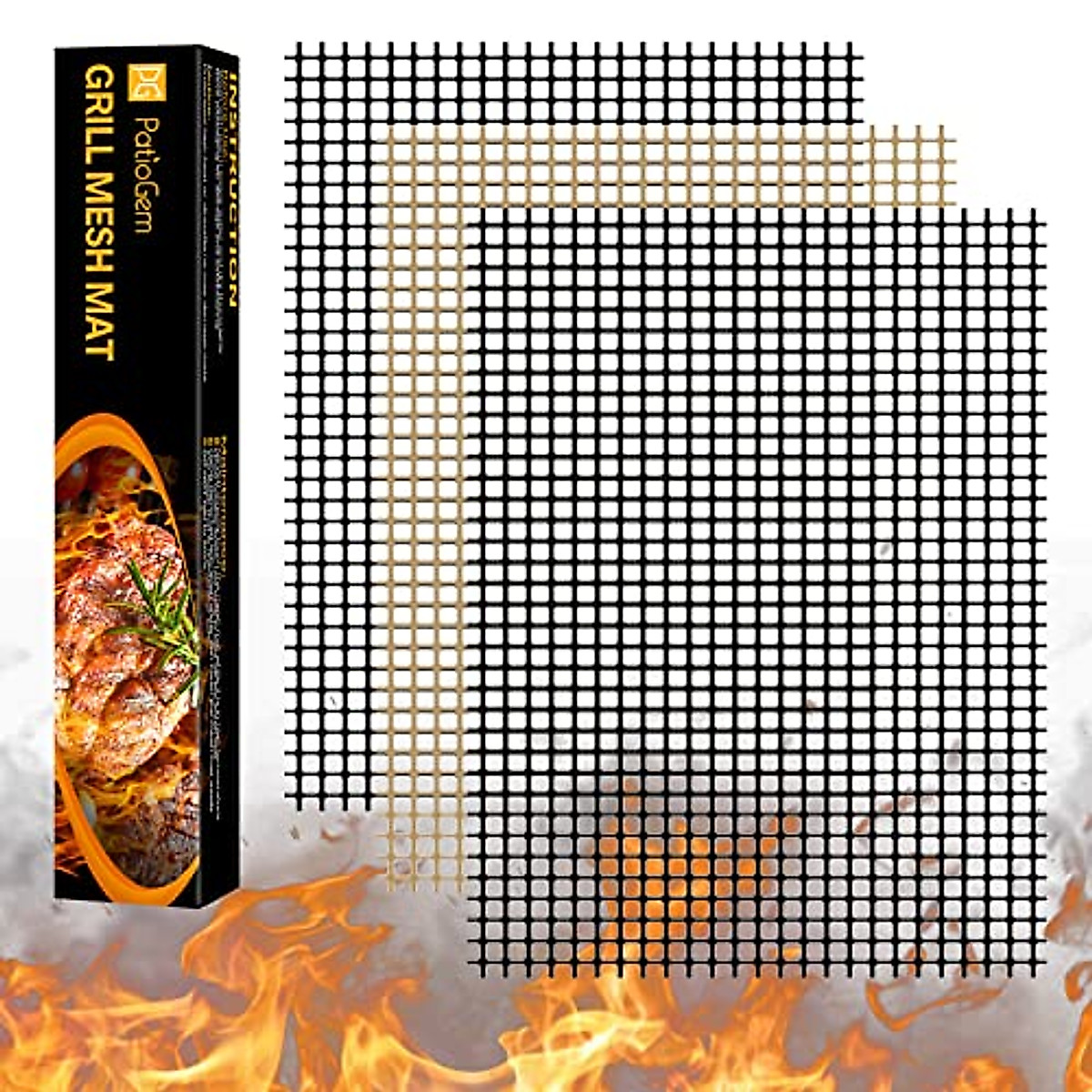 PatioGem Reusable Mesh Mat, Grill Mesh Mats for Outdoor Grill Nonstick BBQ Mats for Grilling, Grill Set of 3, Nonstick Grill Mat, Mats for Grilling, BBQ Accessories Mesh Grill Mat -Black Brown