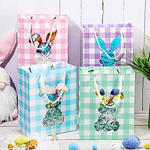 12 Pcs Easter Gift Bags with Handle Rabbit Shape Paper Bags with Window 9x7x4" Bunny Easter Treat Bags Buffalo Plaid Green Blue Purple Pink Goodie Bags Candy Bag for Kids Easter Party Gift Wrapping