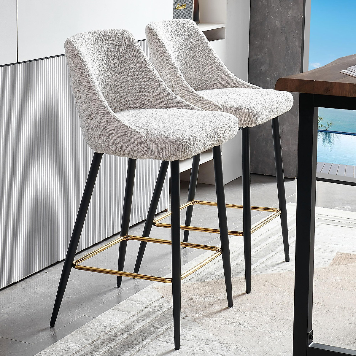 Homedot Counter Height Barstools Set of 2, Upholstered Home Kitchen Dining Chair Boucle Bar Stools with Backrest, Modern Bar Chairs with Footrest for Kitchen Island, Dining Room