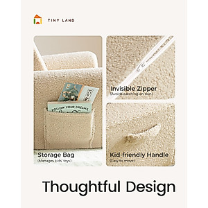 Tiny Land Kids Couch 2-in-1 Foldable Sofa Bed – 3D Teddy Curly with Pockets, Tactile Sensory-Enhancing Lounger for Toddlers, Ideal for Playroom – Afternoon Couch and Chair for Boys and Girls,Cream