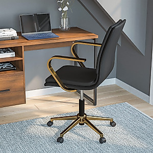 BizChair Mid-Back Designer Executive Office Chair - Black LeatherSoft Upholstery - Brushed Gold Base and Arms - Height Adjustable 360° Swivel Seat