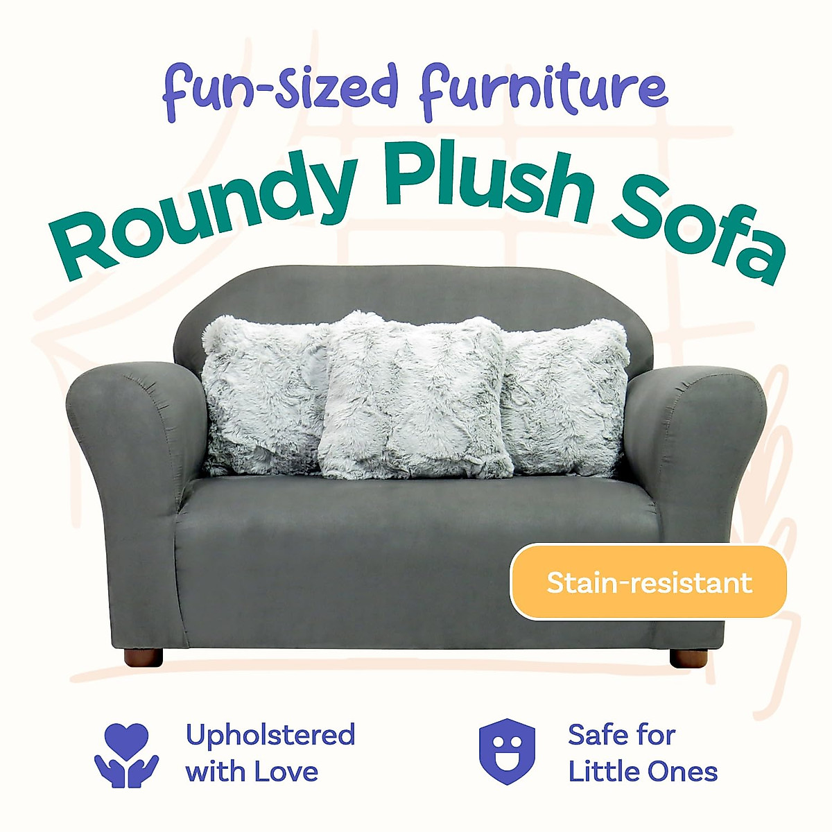 Keet Plush Childrens Sofa with Accent Pillows, Sofa for Kids Room, Kids Sofa, Toddler Sofa with Three Fluffy Pillows, Comfortable Sofa for Kids, Children Sofa, Kid Sofa, Charcoal and Grey