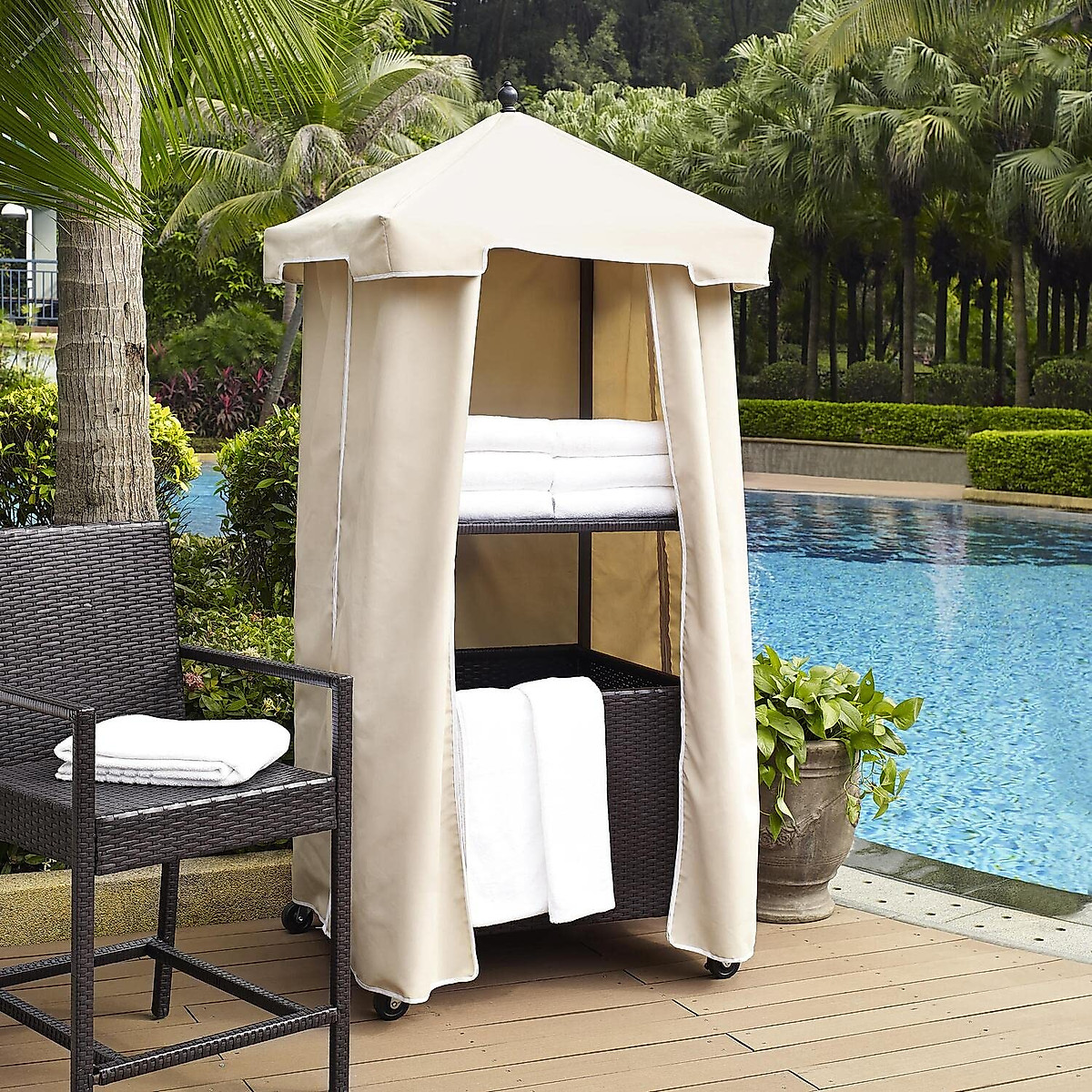 Maykoosh HonmeStock Nordic Haven Outdoor Wicker Towel Valet Sand/Brown, Floor Mountable, Wheeled, Portable - 31.5" D x 35.5" W x 79.75" H