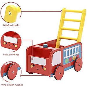 labebe -Wooden Walker 4 Wheels, Kids Push Wagon Cart Red, Push Toy Walker for Girl/Boy 1-3 Years Old, Toy Shopping Cart, Wooden Wagon Toy, Baby Activity/Learning Walker Infant- Red Fire Truck