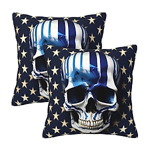 Blue Stripe Stars Skull Square Throw Pillow Covers - Set of 2 Pillow Covers Home Decor for Couch,Bed,Sofa,Bedroom,Car