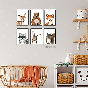 6 Pieces Woodland Animals Nursery Canvas Wall Art Cute Safari Jungle Animal Deer Bear Bunny Pictures Baby Room Posters Farmhouse Forest Theme Fox Squirrel Raccoon Prints Decor 8x10in Unframed
