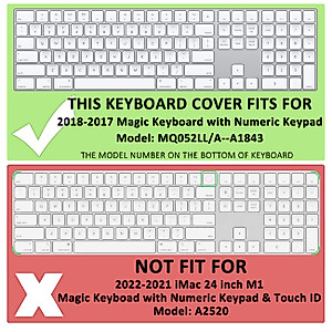 ProElife Keyboard Cover Skin for 2018-2017 Apple Magic Keyboard with Numeric Keypad A1843 US Enter MQ052LL/A Wireless Bluetooth Keyboard Ultra Thin Full Size TPU Protector, 0.13 mm, Transparent Clear