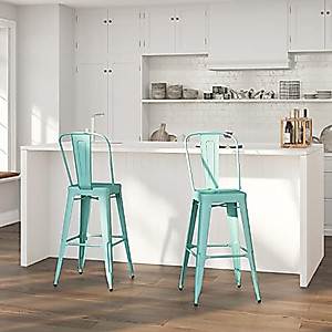 Merrick Lane Stella 30" Metal Indoor-Outdoor Barstool with Vertical Slat Back and Integrated Footrest in Mint Green